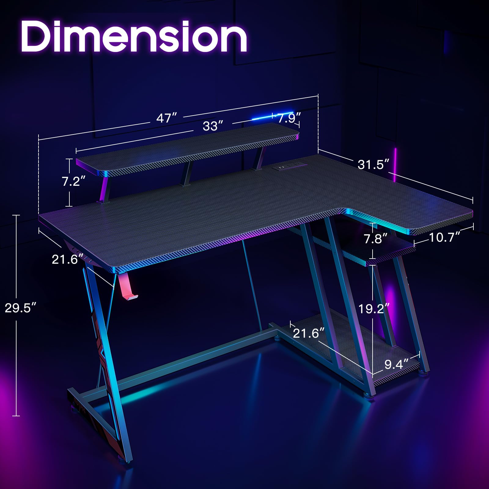 MOTPK L Shaped Gaming Desk with Led Lights, Small Corner Gaming Desk with Storage Shelf & Power Outlets, Computer Desk with Carbon Fiber Texture, 47 Inch, Black