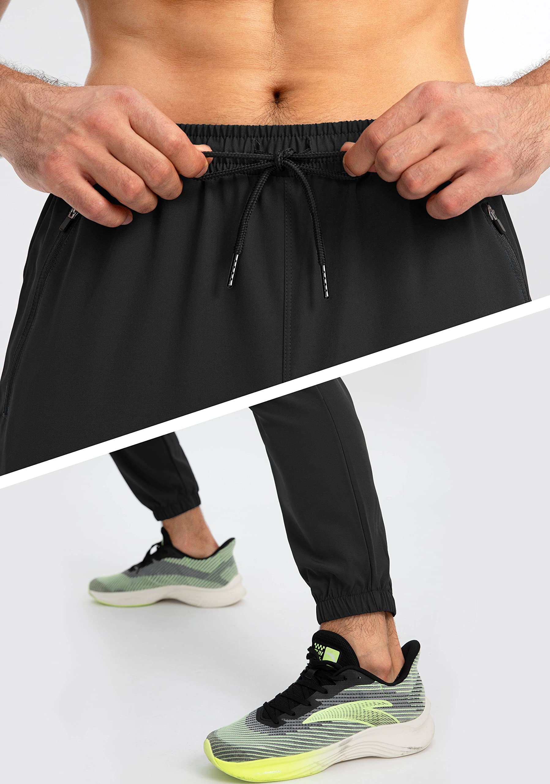 SANTINY Men's Lightweight Jogger Pants Athletic Workout Running Pants Tapered Joggers for Men with Zipper Pockets (Black_L)