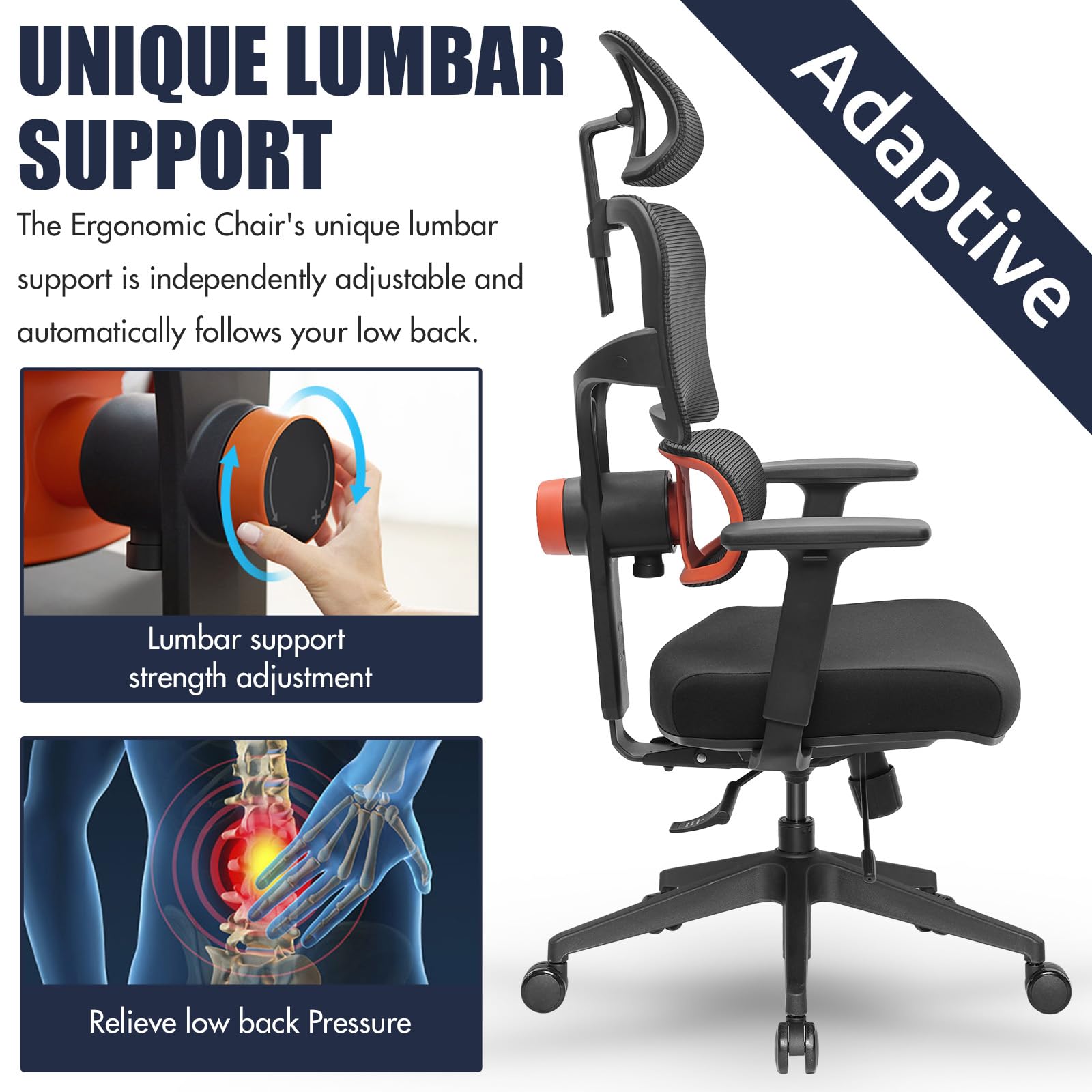 Newtral Ergonomic Office Chair, Computer Desk Chair, Reclining High Back Mesh Chair with Footrest, Unique Adjustable Lumbar Support Headrest, 4D Armrest Lumbar Support Backrest for Office Home Gaming
