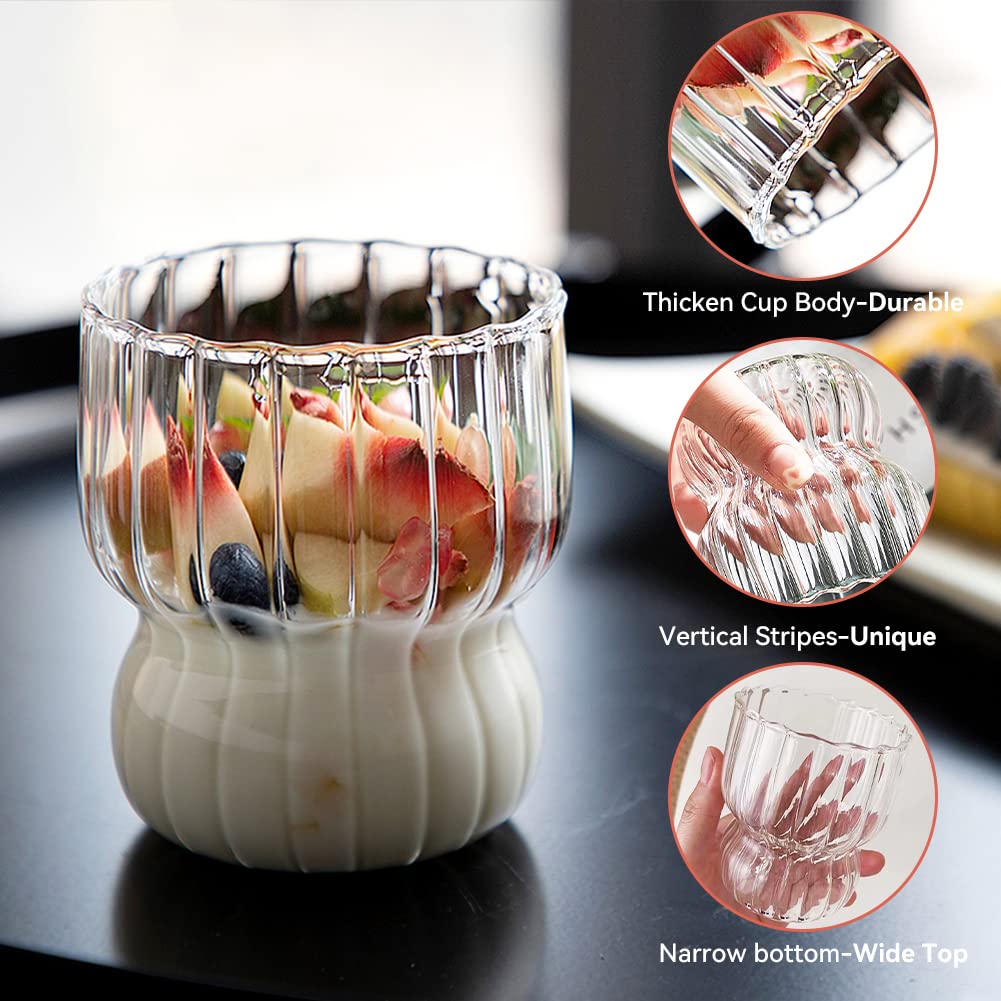 Peyan Ribbed Glass Cups,2 Pcs 9 Oz Origami Style Cups with 2 Iced Ball Molds,Vertical Stripes Bubble Glasses Drinking,Ribbed Glassware,Bubble Cups,Ripple Glassware,Ribbed Drinking, 20x15cm