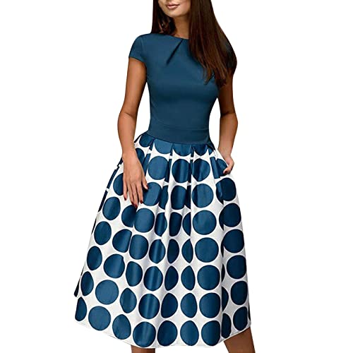 Womens Fashionable Round Neck Short Sleeved Waistband Silhouette Vintage Polka Dot Patchwork Dress