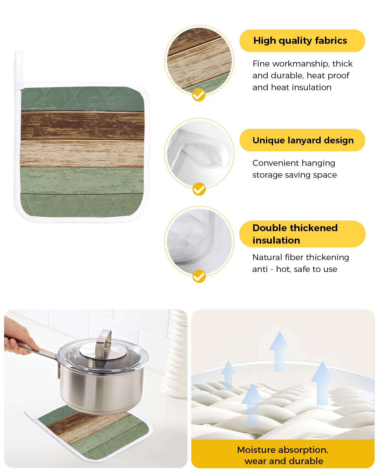 Pot Holders Set of 3 PCS Heat-Resistant Hot Pads Mats with Hanging Loop, Imitation Wood Grain Vintage Sage Green Washable Potholder for Cooking Baking Kitchen, 8.26"x8.26"