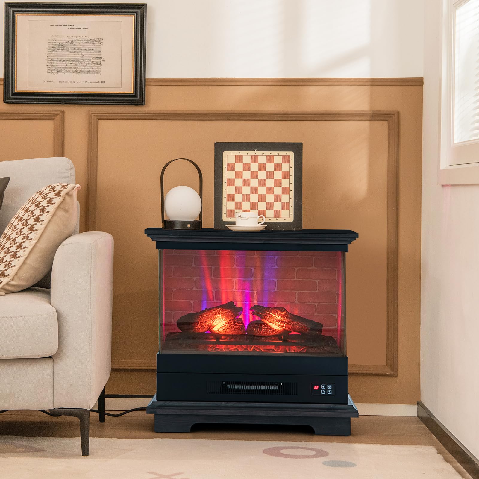 ORALNER 27” Electric Fireplace with Mantel, 3-Sided Glass View, Wooden Surround Firebox, Freestanding Fireplace Heater w/ 7 Flame Colors, Remote & 6H Timer, Overheat Protection, 1400W (Black)