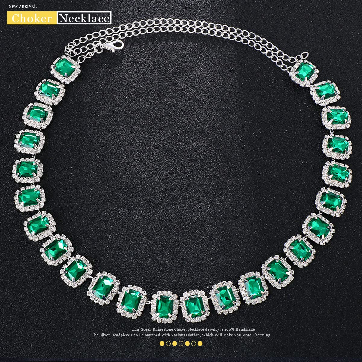 STONEFANS Emerald Green Rhinestone Choker Necklace For Women Sparking Square Rhinestone Choker Collar Statement Silver Neck Jewelry (Green)
