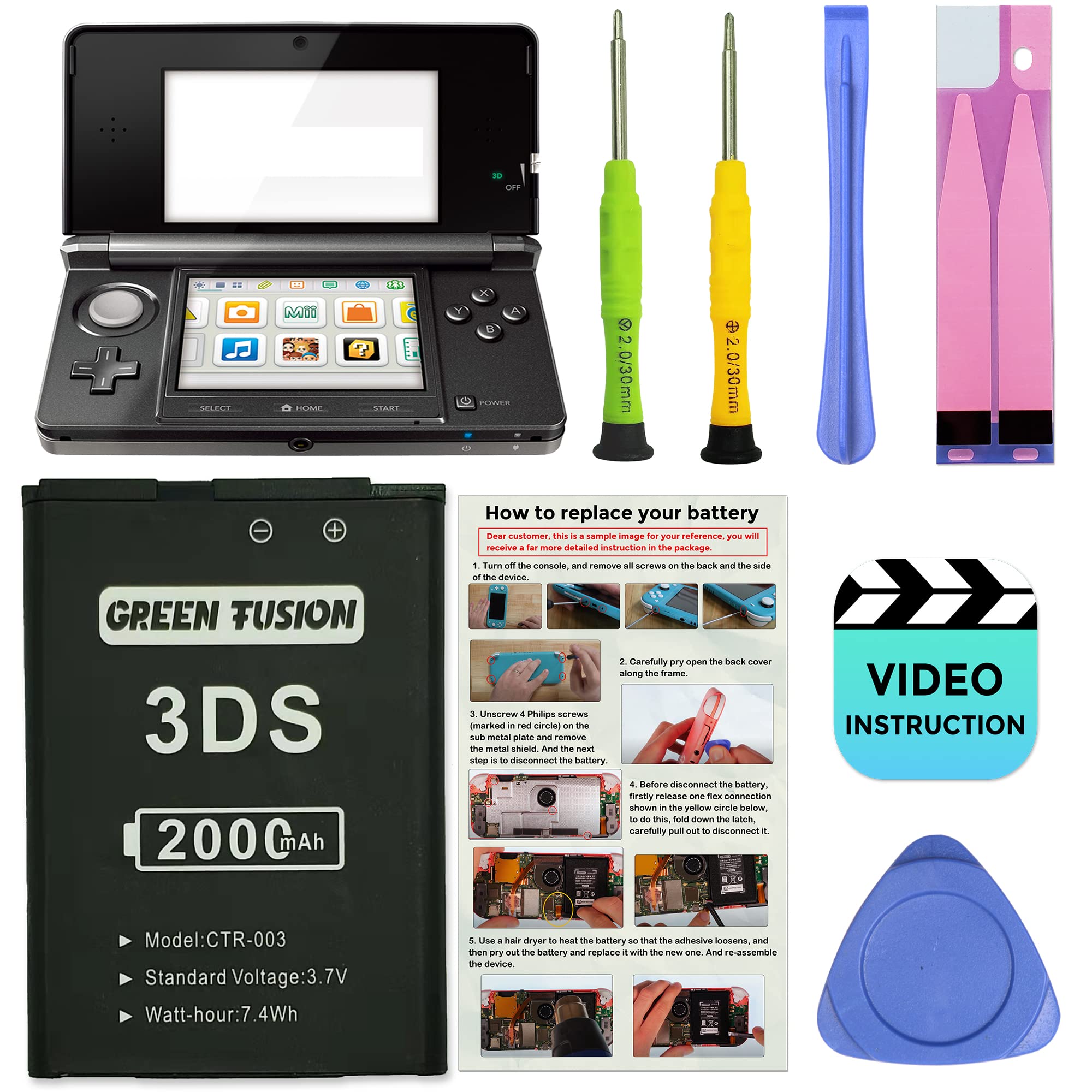 Upgraded 3DS & 2DS & 2DS XL Battery Replacement with Video Tutorial, CTR-003 Battery for Nintendo 3DS/2DS/2DS XL(Not for 3DS XL/New 3DS) 2000mAh with Repair Toolkit and Installation Manual