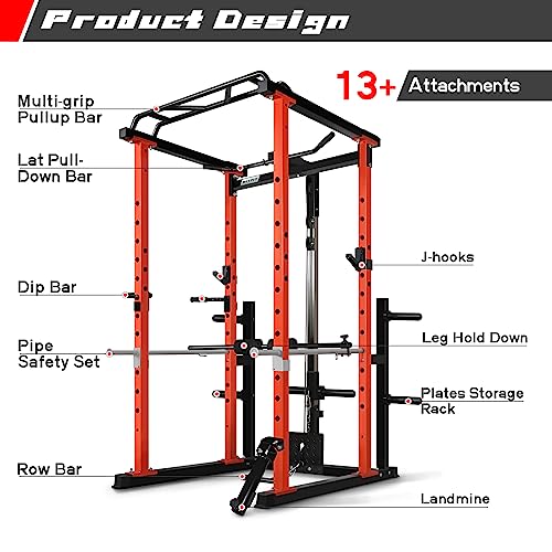 RitFit Power Cage with LAT Pull Down and 360° Landmine, 1000LB Capacity Power Rack Full Home Gym for Weightlifting, Come with J-Cups,Dip Bars and Other Attachments (2023 Version PPC02)-Orange