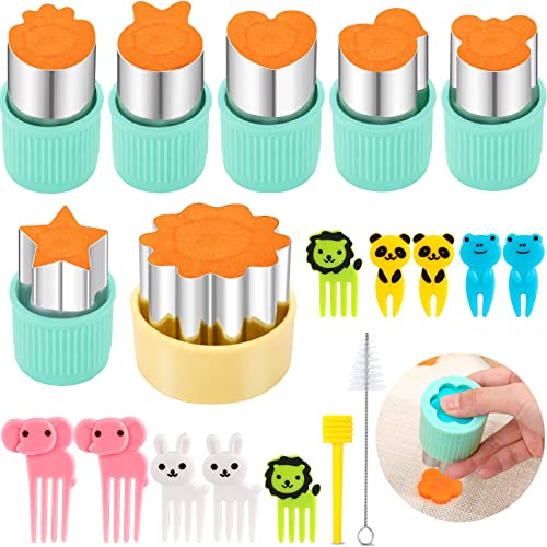 Updated Fruit Cutter Shapes Vegetable Cutters for Kids 19 PCS HINZER Mini Cookie Cutters Set with Food Picks for Kids School Lunch Bento Box Accessories DIY Kitchen Baking Pastry Cookie Stamps Mold