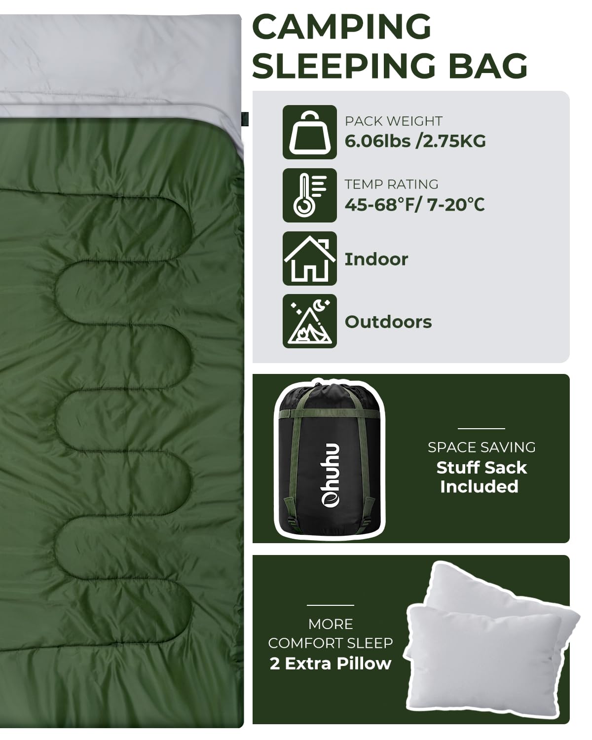 Ohuhu Double Sleeping Bag with 2 Pillows, Waterproof Lightweight 2 Person Adults Sleeping Bag for Camping, Backpacking, Hiking, with Carrying Bag (Green)