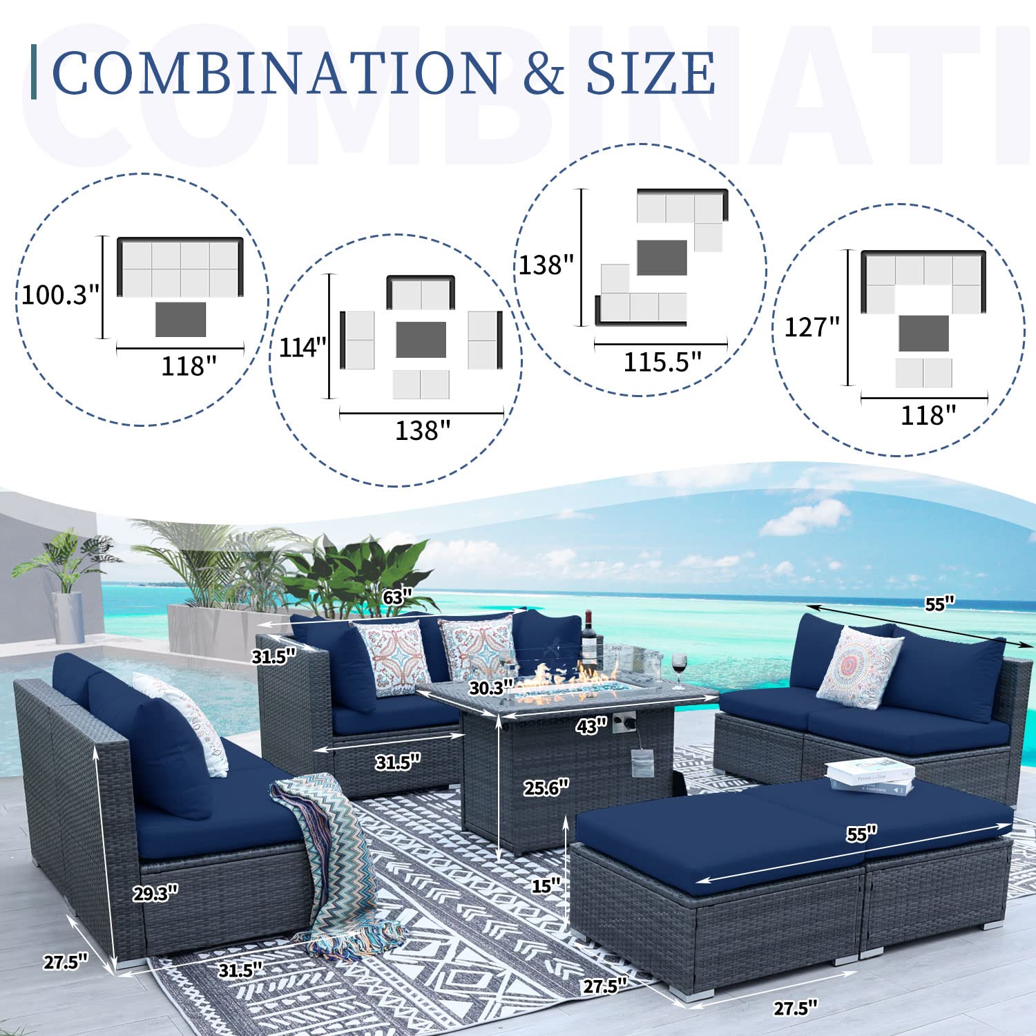 NICESOULĀ® Large 9 Piece Outdoor Patio Furniture Set with Fire Pit Table,29.3'' High Back Rattan Modular Sectional Sofa Set with Natural Gas/Propane Firepit Navy,2 Colors Cushions