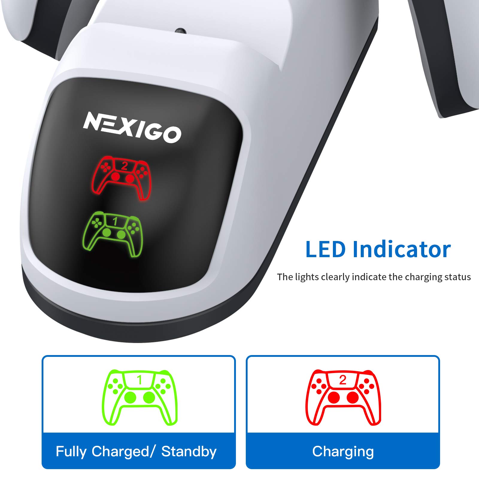 NexiGo PS5 Controller Charging Station, Fast Charging AC Adapter with Thumb Grips & Trigger Extenders, Controller Charger for Dual Playstation 5 Controllers, Charging Dock with LED Indicator, White