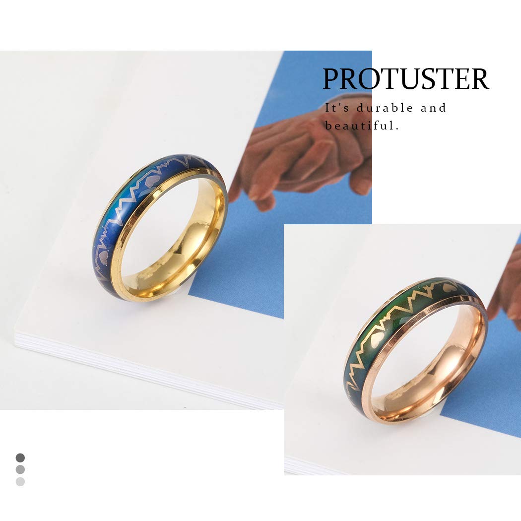 PROTUSTER Statement Rings for Lovers Emotional Change Color Temperature Mood Color Changing Stackable Gold Round Ring Feeling Heartbeat ECG Rings for Women and Men (Rose Gold&Gold, 7)