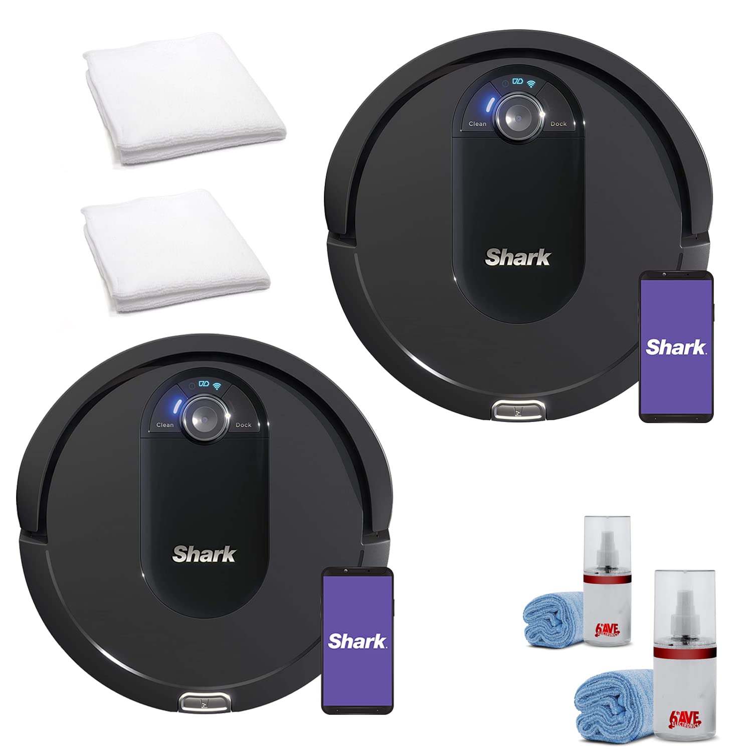 Shark (2-Pack) AV993 IQ Robot Vacuums, Self Cleaning Brushroll, Advanced Navigation, Perfect for Pet Hair, Compatible with Alexa, Wi Fi, Black + (2) Towels + (2) Basic Dust Cleaner Spray Bottles