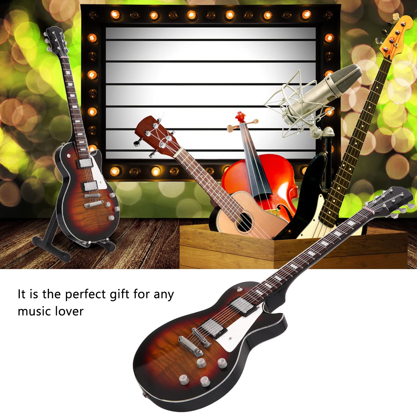 Wooden Miniature Electric Guitar with Stand and Case, Mini Musical Instrument Miniature Dollhouse Model, Exquisite and Compact, Mini Guitar Model for Home Decoration