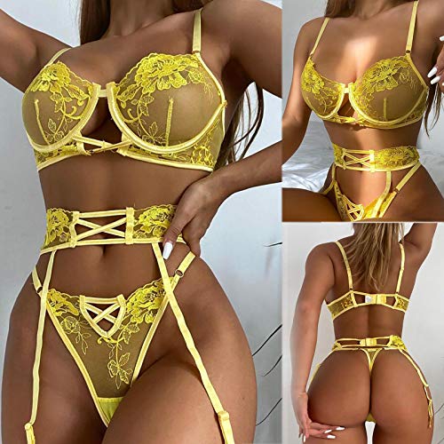 wodceeke Women's Sexy Sling Lace Plus Size Split Lingerie Embroidered Perspective Bodysuit Home Pajamas With Garter (Yellow, M)