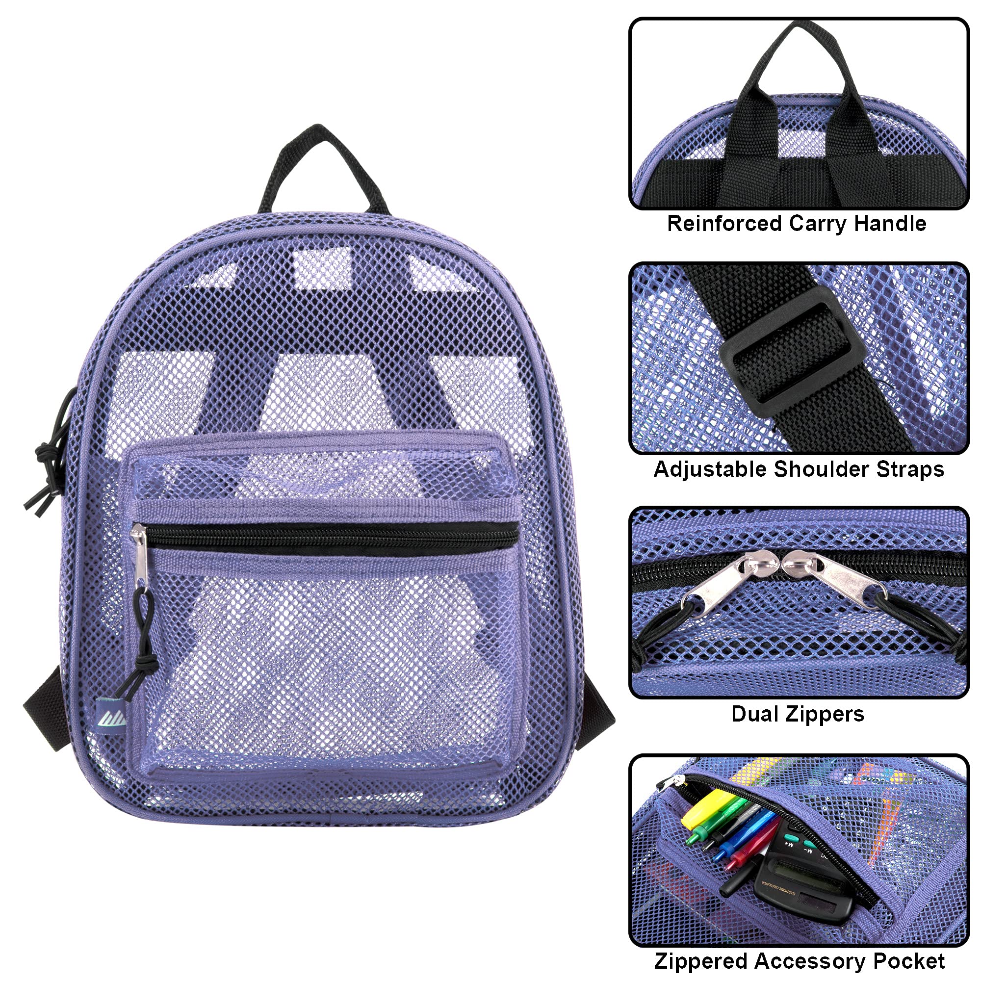 Mini Mesh Backpack for Women, Men, Beach Toys, Pool, and Swimming Gear; Mini Transparent Backpacks with Padded Straps (Purple)