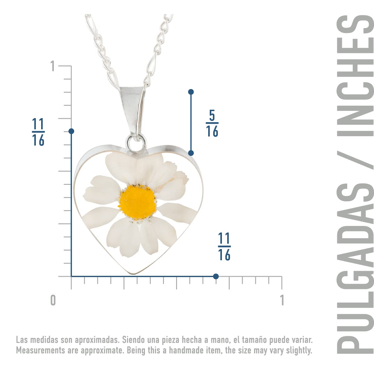 TAMI Real Daisy Necklace in Sterling Silver Heart Shape, 18" Figaro Chain, Floral Jewelry