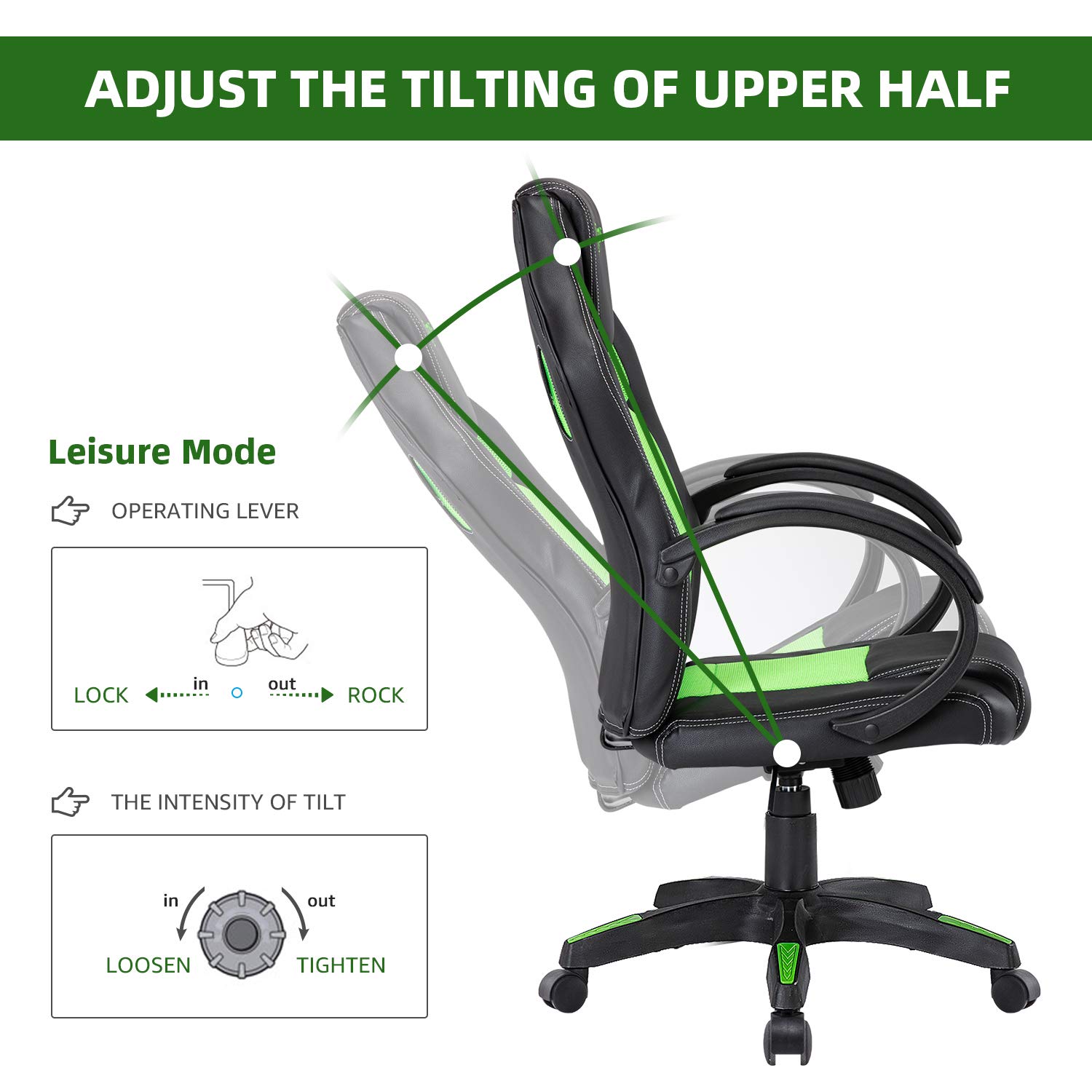Seatingplus Video Gaming Chair, High Back Adjustable Racing Style Computer Office Chair, Bonded Leather Mesh Desk Chair with Height Adjustment and Padded Armrests (Green)