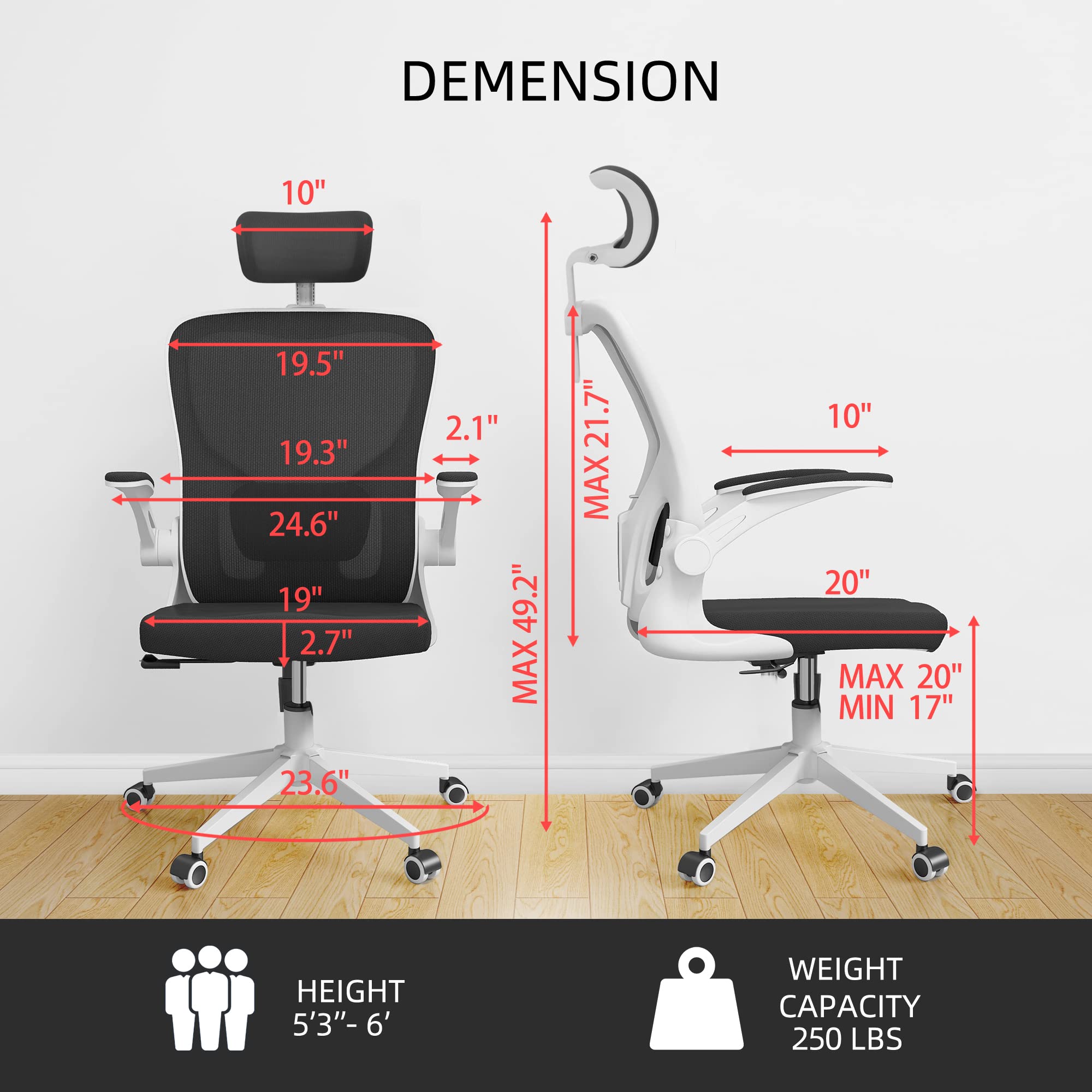 Monhey Office Chairs, Ergonomic Office Chair, Computer Chair with Adjustable Headrest, Lumbar Support, 2D Flip-up Armrest, Khaki Mesh Office Chair