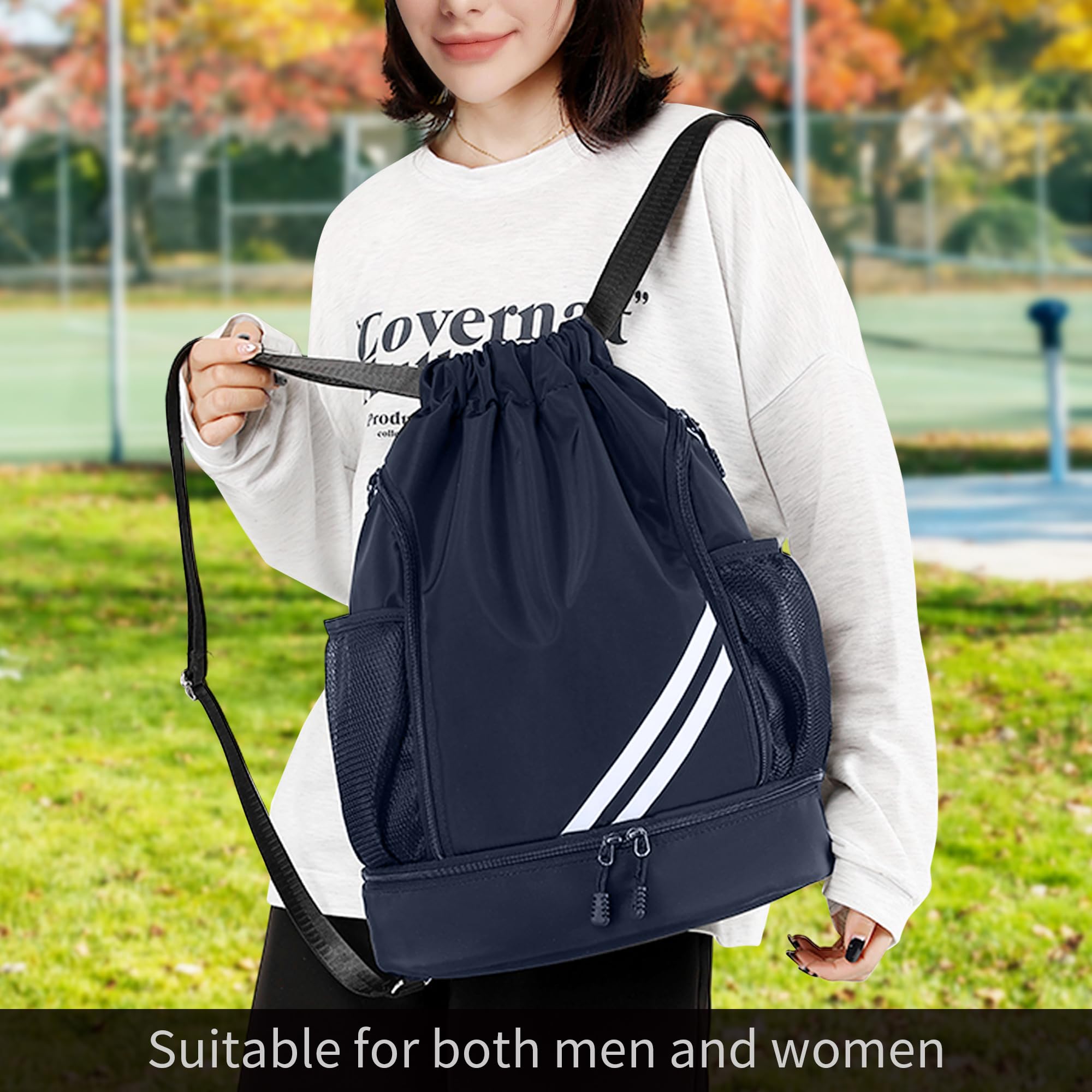 neyrat Water Resistant Sport Drawstring Backpack Gym Draw String Back Bag with Shoes Compartment for Men Women Children (Navy Blue)