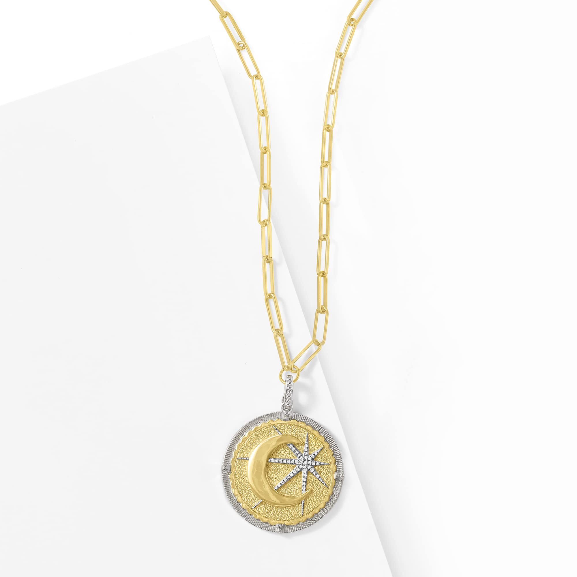 Ross-Simons 0.10 ct. t.w. Diamond Moon and Star Pendant Necklace in 2-Tone Sterling Silver. 20 inches