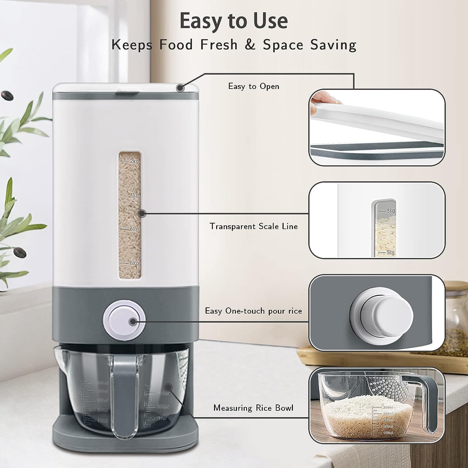 Premium Rice Dispenser - 25lbs Capacity Kitchen Storage Container: Pantry Organizers and Storage, Grain Storage Container, Flour and Rice Container for Countertop, Cereal & Candy Food Dispenser.