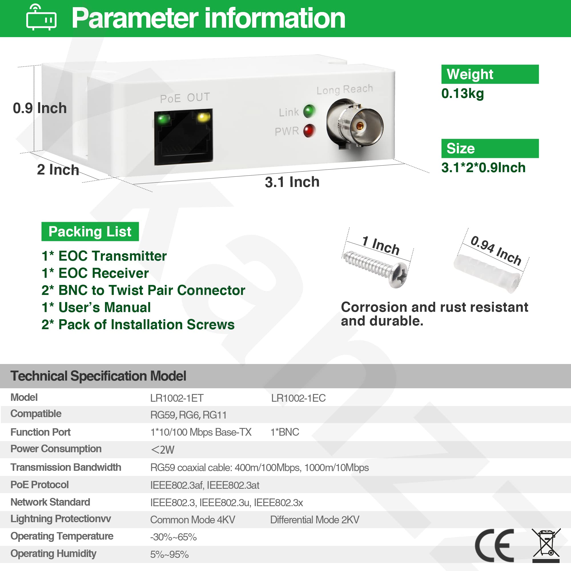 Ykanzz POE Over Coax EOC Converter IP Over Coax Max 3000ft Power and Data Transmission Over Regular RG59 Coaxial Cable, Coax to Ethernet Converter for Analog to IP Camera Converter