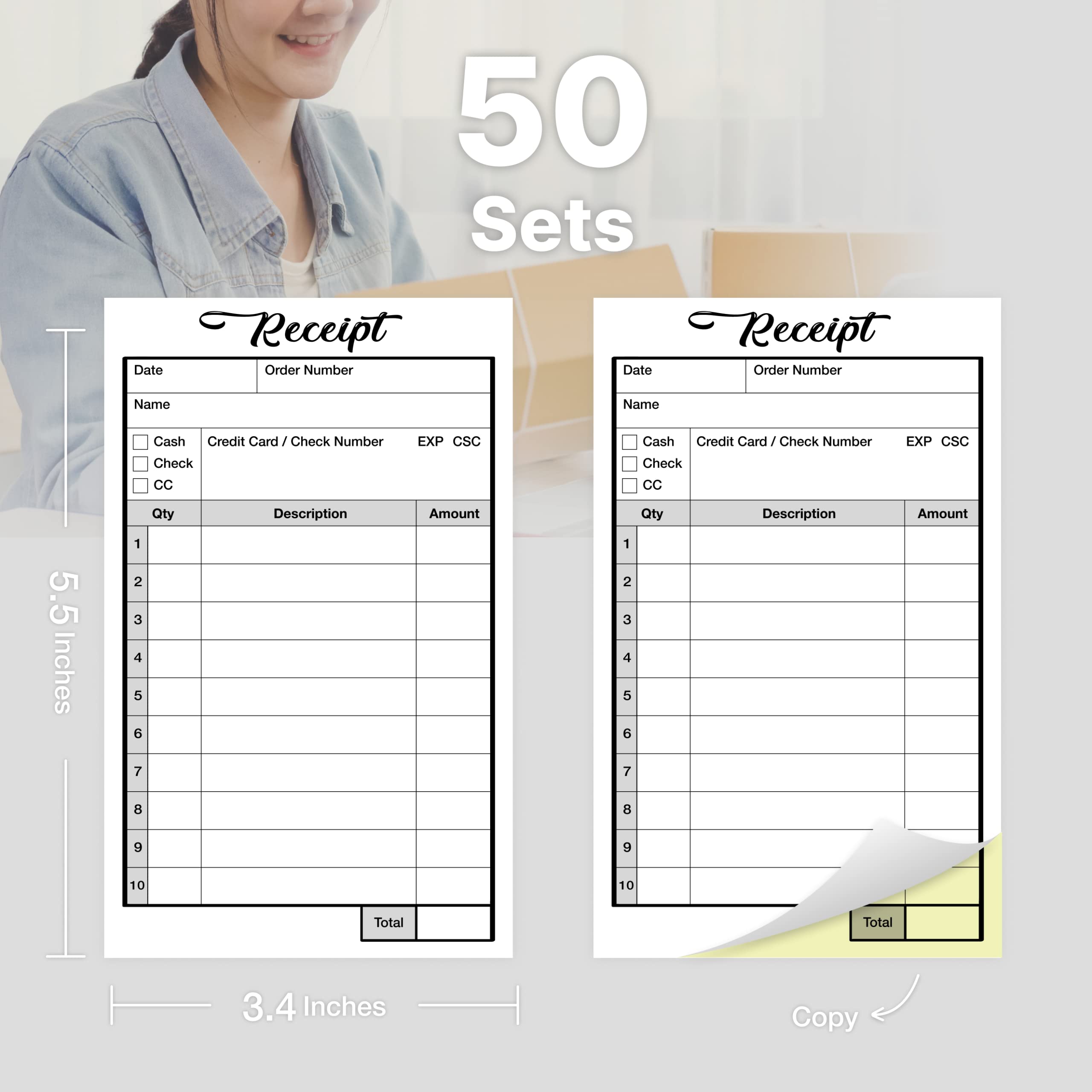 Order Forms Pad, Invoice Book for Small Business, Work Receipt, 2 Part Carbonless, 50 Sets Each, 3.4 x 5.5 Inches (Receipt)