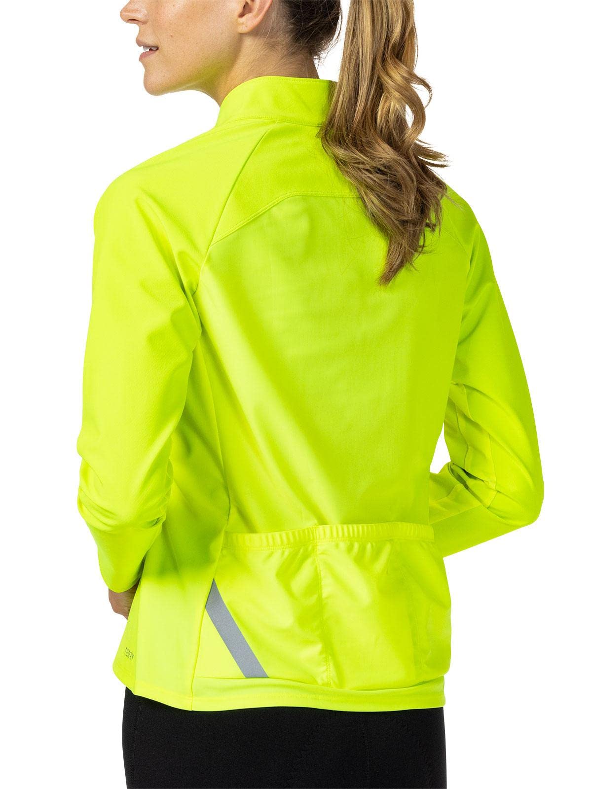 Terry Hybrid Bike Jacket, Women's Full Zip Wind/Water Resistant Hi-Vis Reflective Cool Weather Cycling Top - Neon Lime, Small