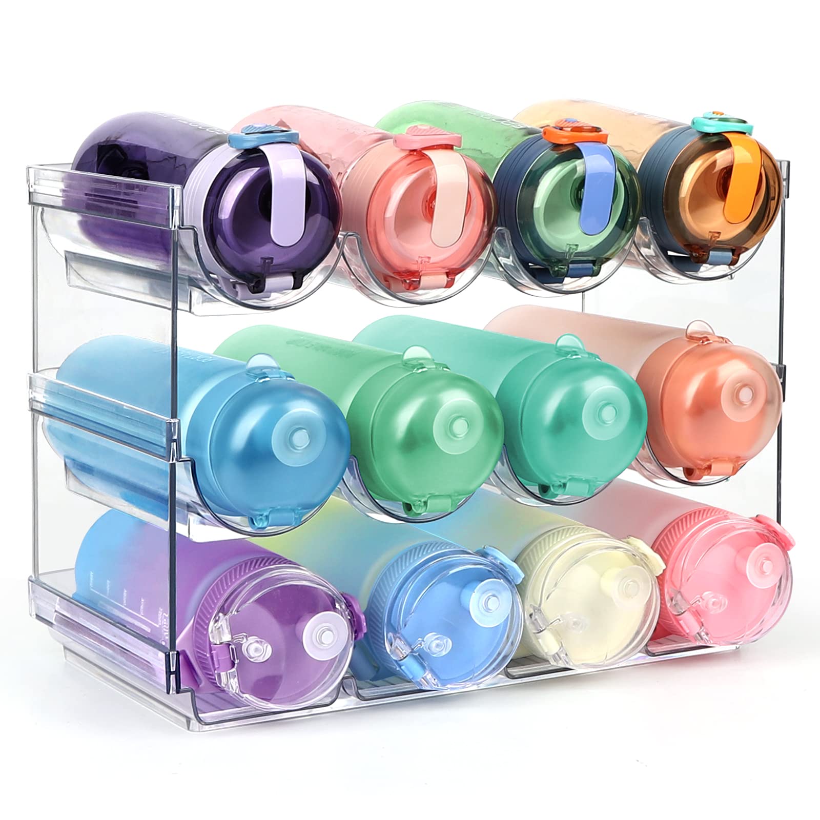 Water Bottle Organizer for Cabinet, 3 Packs Stackable Plastic Water Bottle Storage Holder, Wine Drink Racks for Kitchen Fridge Pantry Refrigerator,Cup Tumbler Organization Shelf- Clear