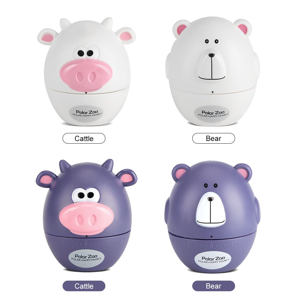 Yosoo Mechanical Cute Animal Shapes Kitchen Timer Mechanical 55 Minutes Cooking Supplies Cartoon Timer for Kid NO Battery Needed (White Cattle)