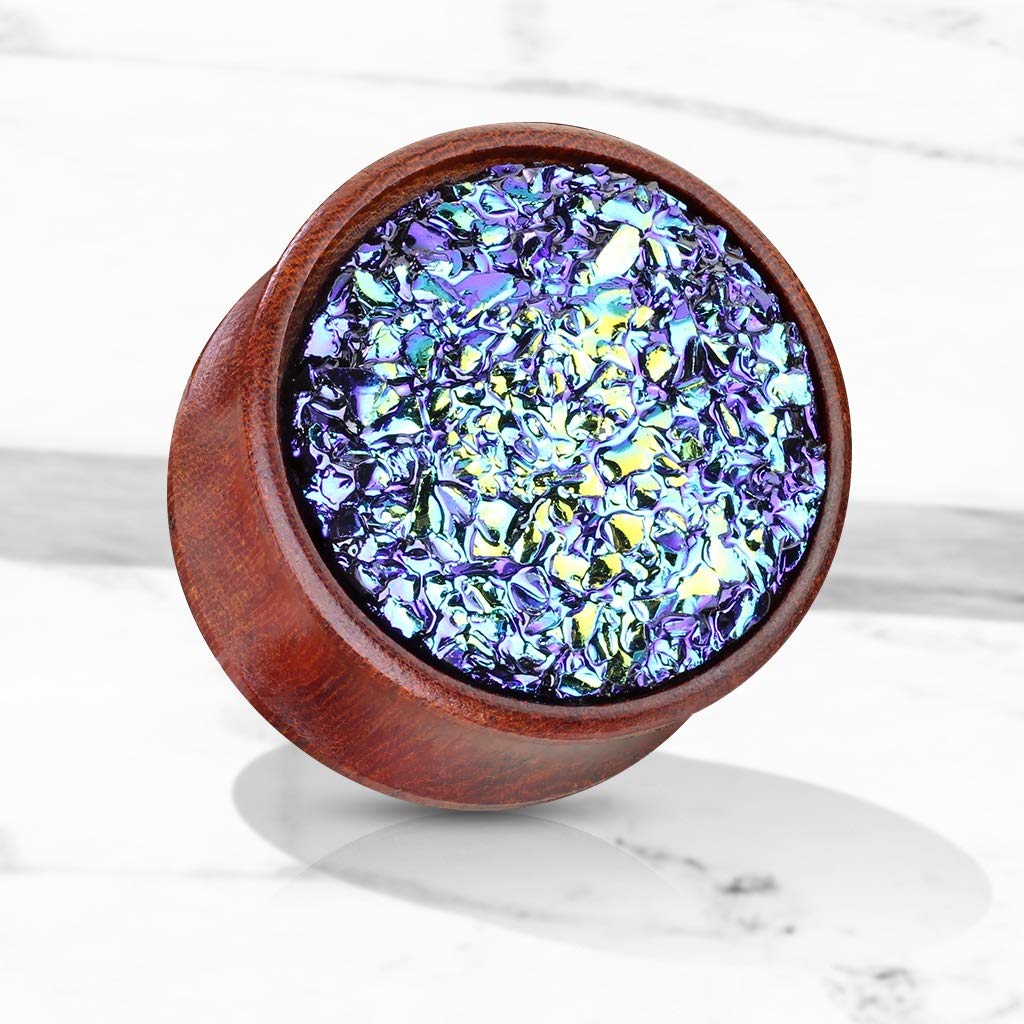 Pair of Blue Faux Druzy Stone Wood Ear Plugs Double Flared Organic Gauges (00 Gauge (10mm))