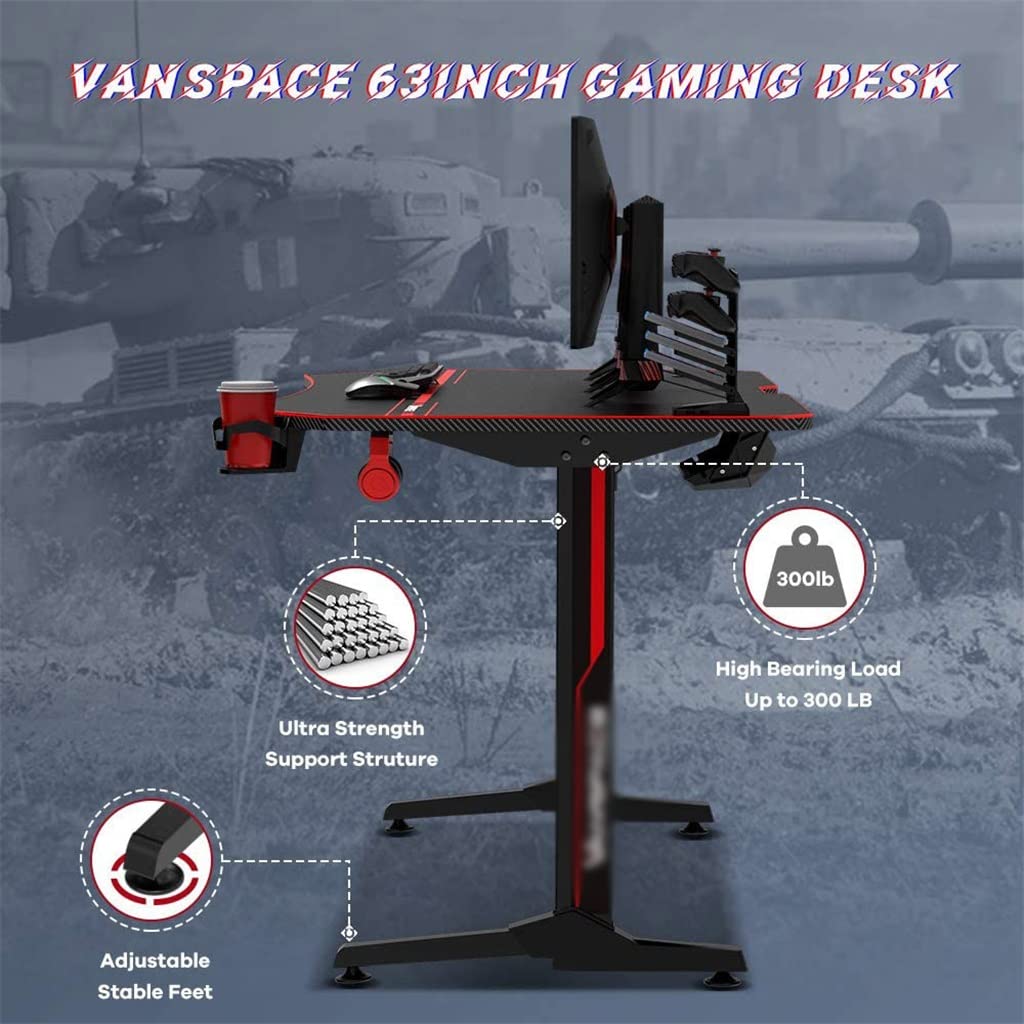 n/a 63 Inch Gaming Desk E-Sports Computer Table PC Desk Gamer Tables Workstation with USB Gaming Handle Rack