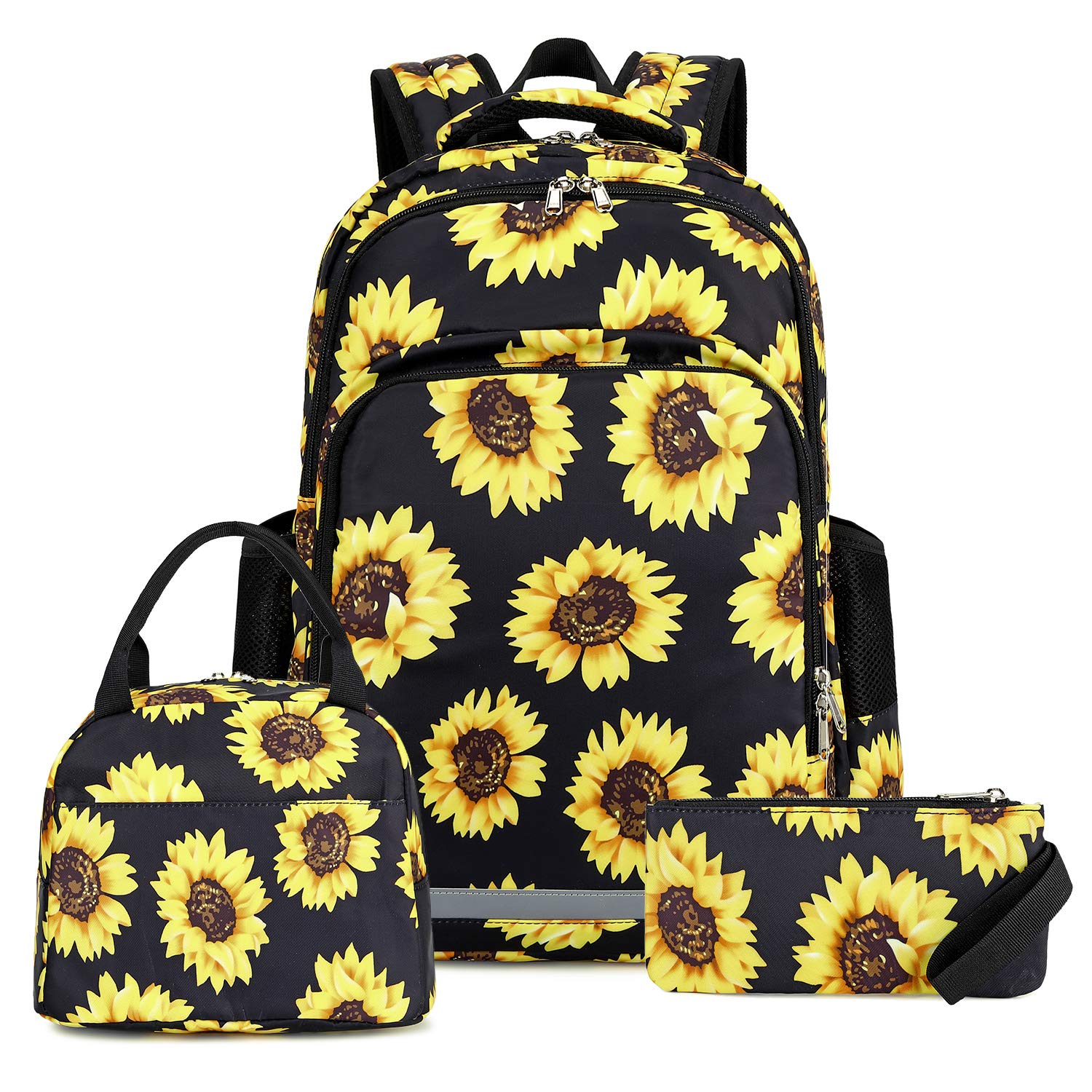 Sunflower Backpack Girls Floral School Bookbag Cute 3 in 1 Backpack Set with Insulated Lunch Box and Pencil Case (Sunflower 3 Pieces - Black)