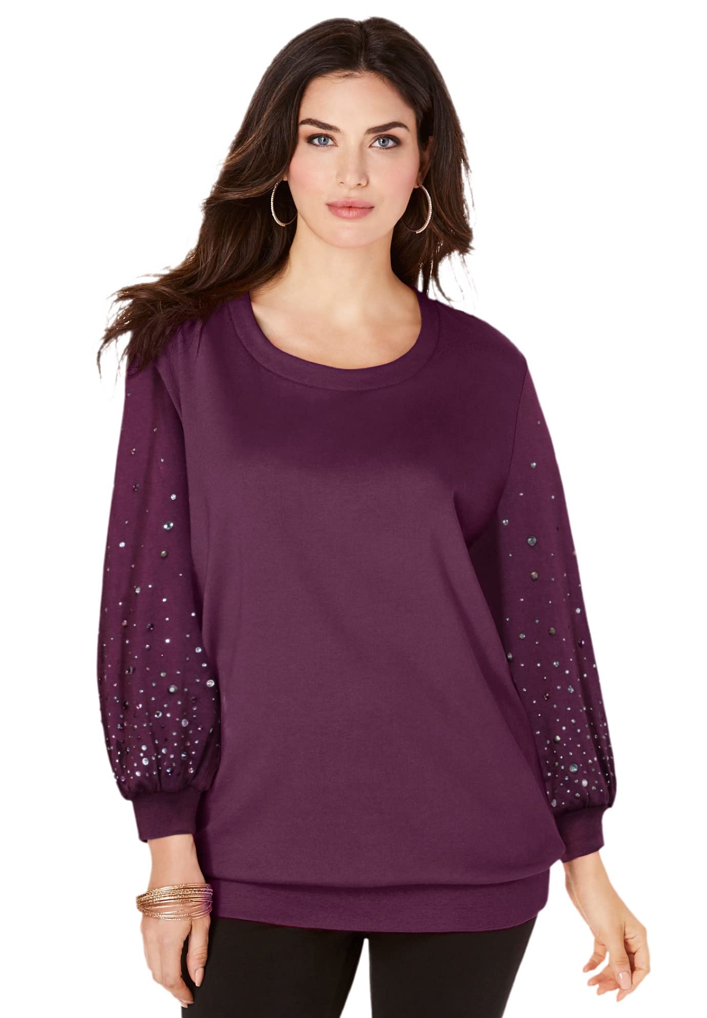 Roaman's Women's Plus Size Embellished Sweatshirt Tunic - 30/32, Dark Berry Embellished Purple