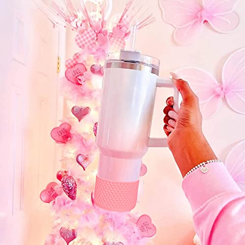 Silicone Boot for Stanley 40 oz Quencher Adventure Tumbler and IceFlow Flip 30 oz 20 oz, Stanley Cup Accessories Protector Bottom Sleeve Cover Bumper for Stanley 40 oz with Handle (Pink)