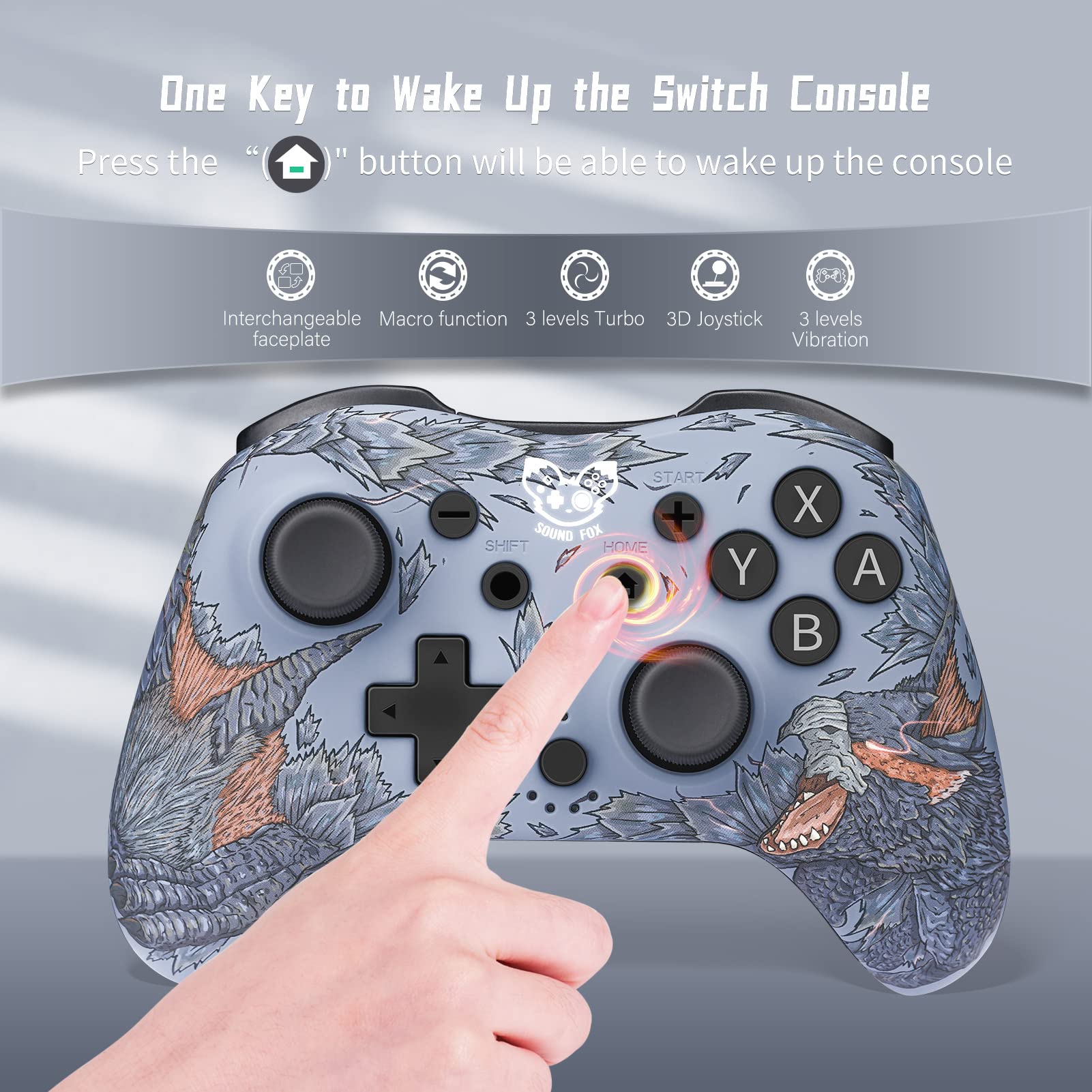 SOUND FOX Wireless Game Controller for Windows 7 8 10 PC/iPhone/Android/Switch, Dual Vibration, Motion Control, M Buttons, TURBO Function (Wireless controller-hunting 3908)