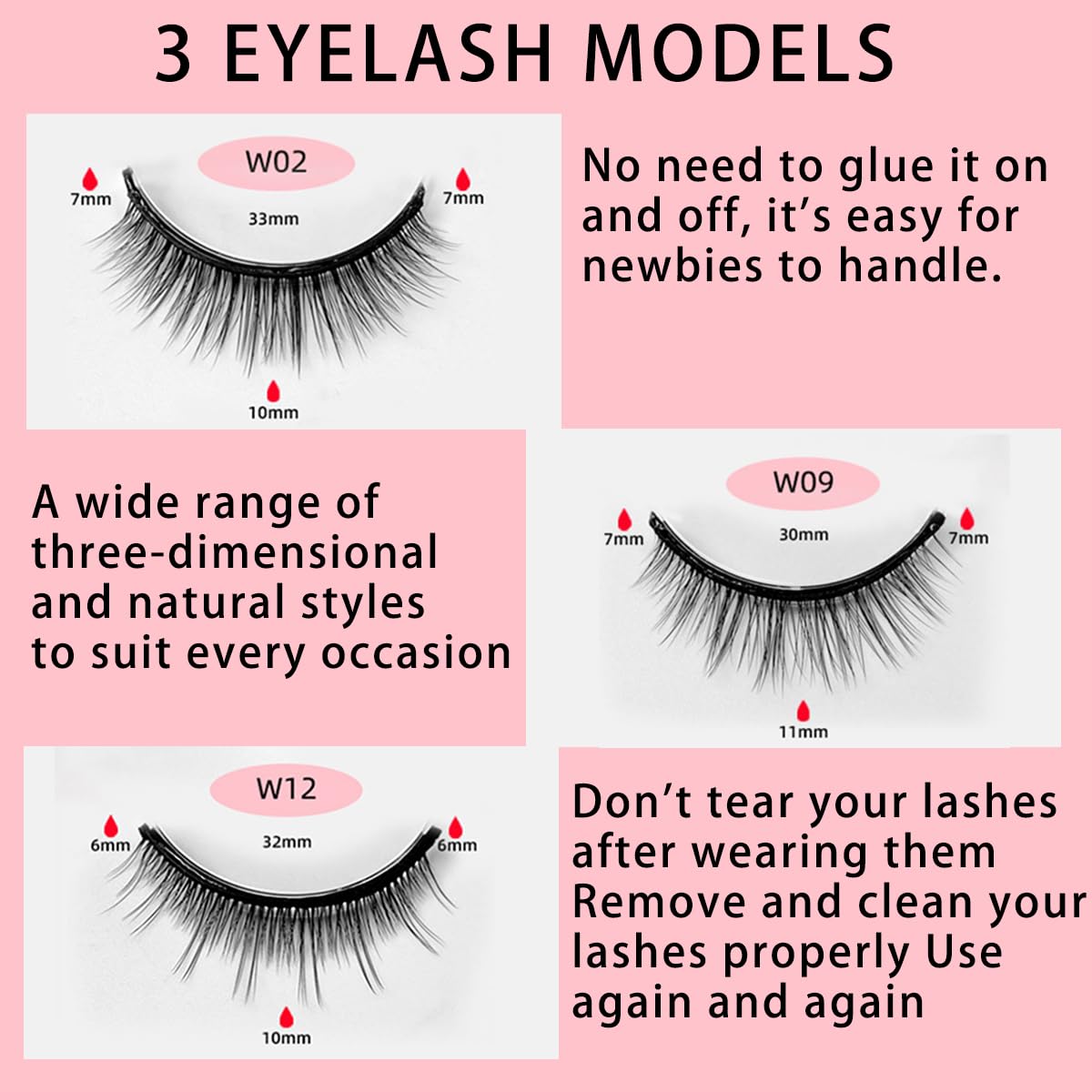 Self Adhesive Eyelashes - 3 Pairs Reusable False Eyelashes Non-Slip Waterproof Fake Eyelashes Natural Look,No Glue Eyelashes 3 Different Types Natural Look