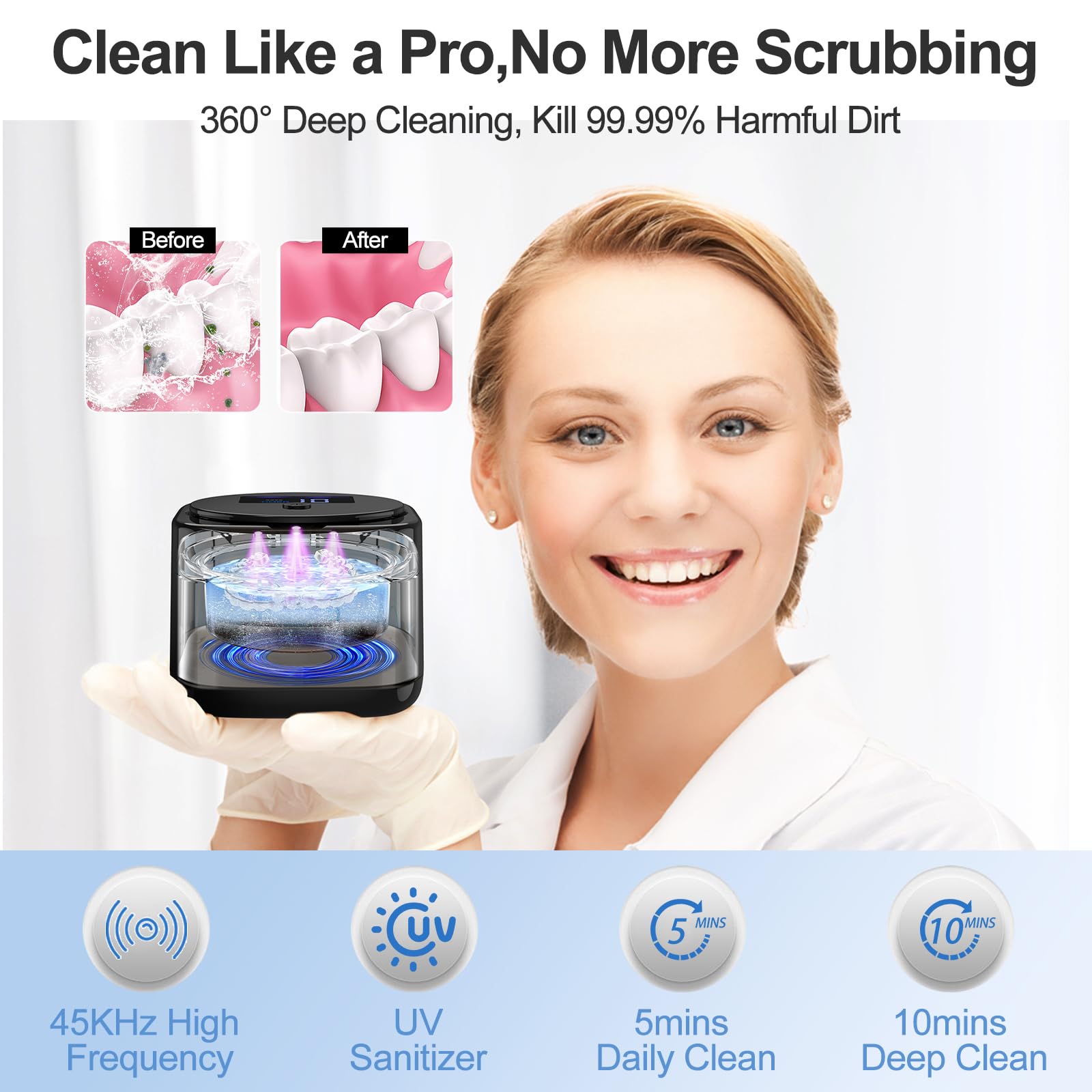 Nonlet Ultrasonic Retainer Cleaner, Retainer Cleaner Machine for Oral Appliances, Cleaning Pod with 45kHz Frequency, Compact 180ML Ultrasonic Denture Cleaning Machine for Home or Travel Use