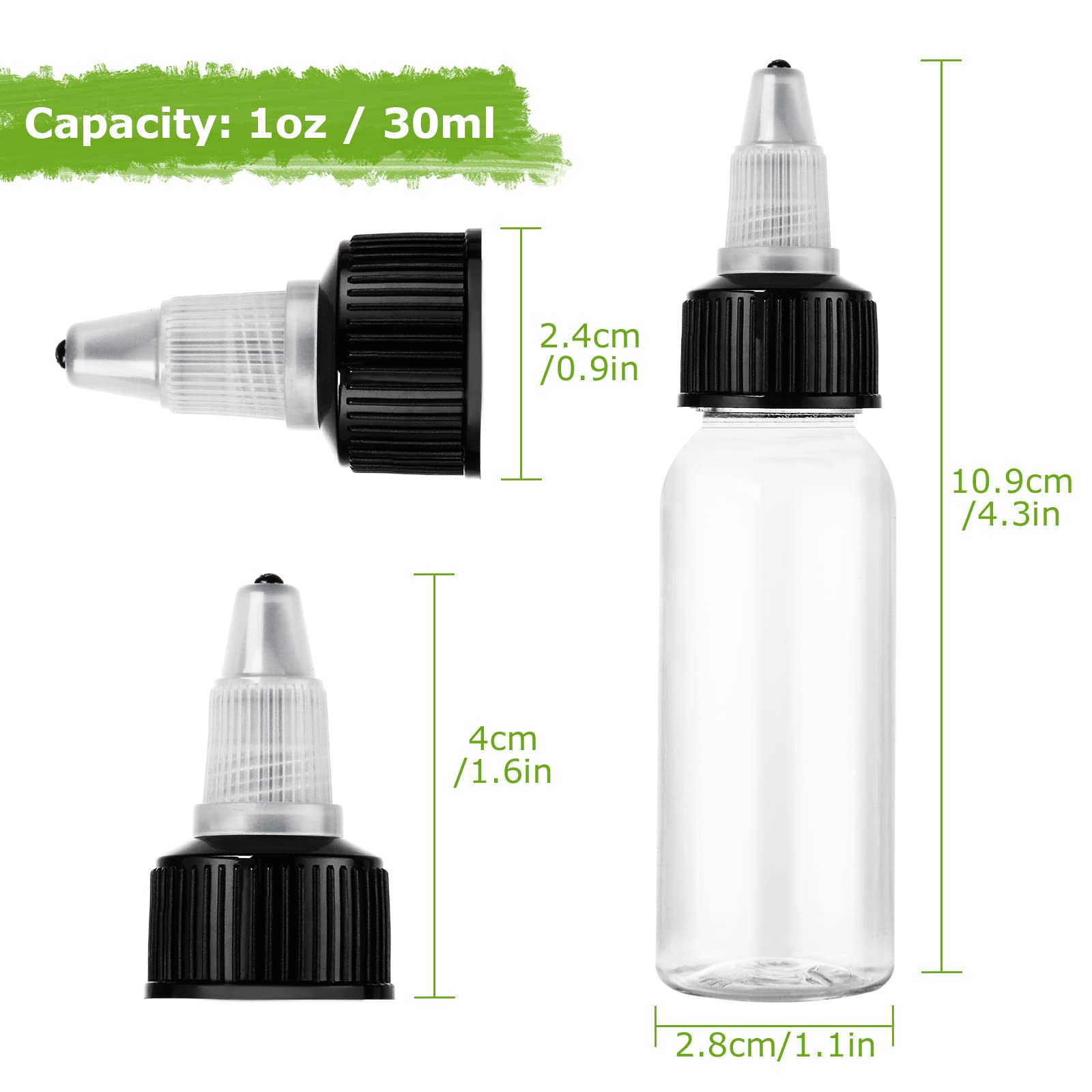 ZOFORTY 60 Pack 1oz Boston Dispensing Bottles Plastic Squeeze Bottles with Twist Top Cap Round HDPE Bottles for Crafts, Liquids, Inks, Kitchen, Household
