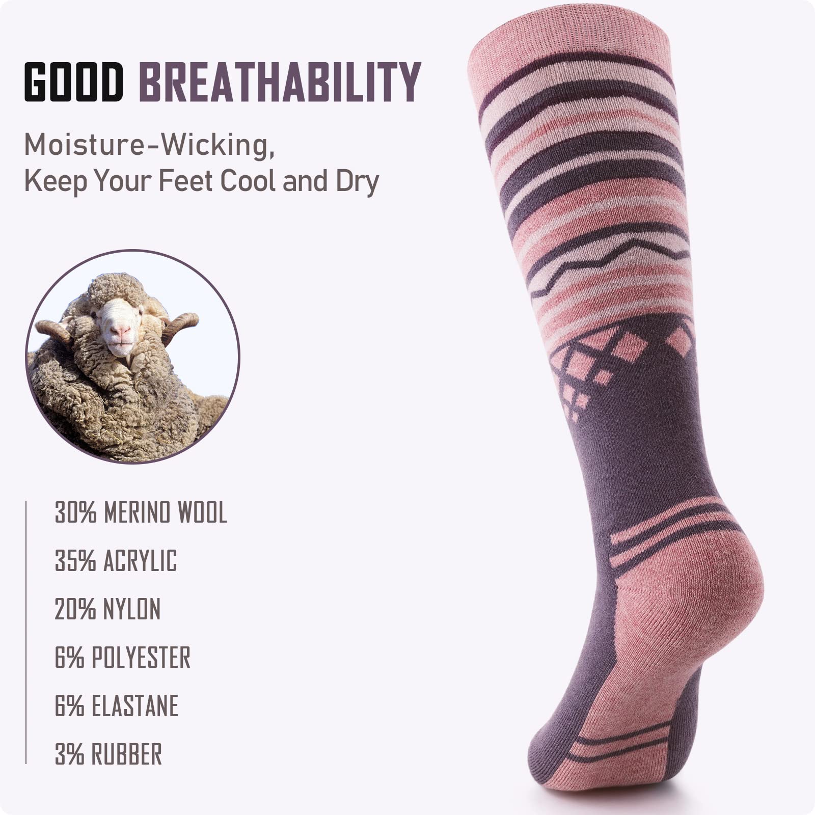 OutdoorMaster Ski Socks 2-Pack Merino Wool, Non-Slip Cuff for Men & Women - Fringes, L/XL