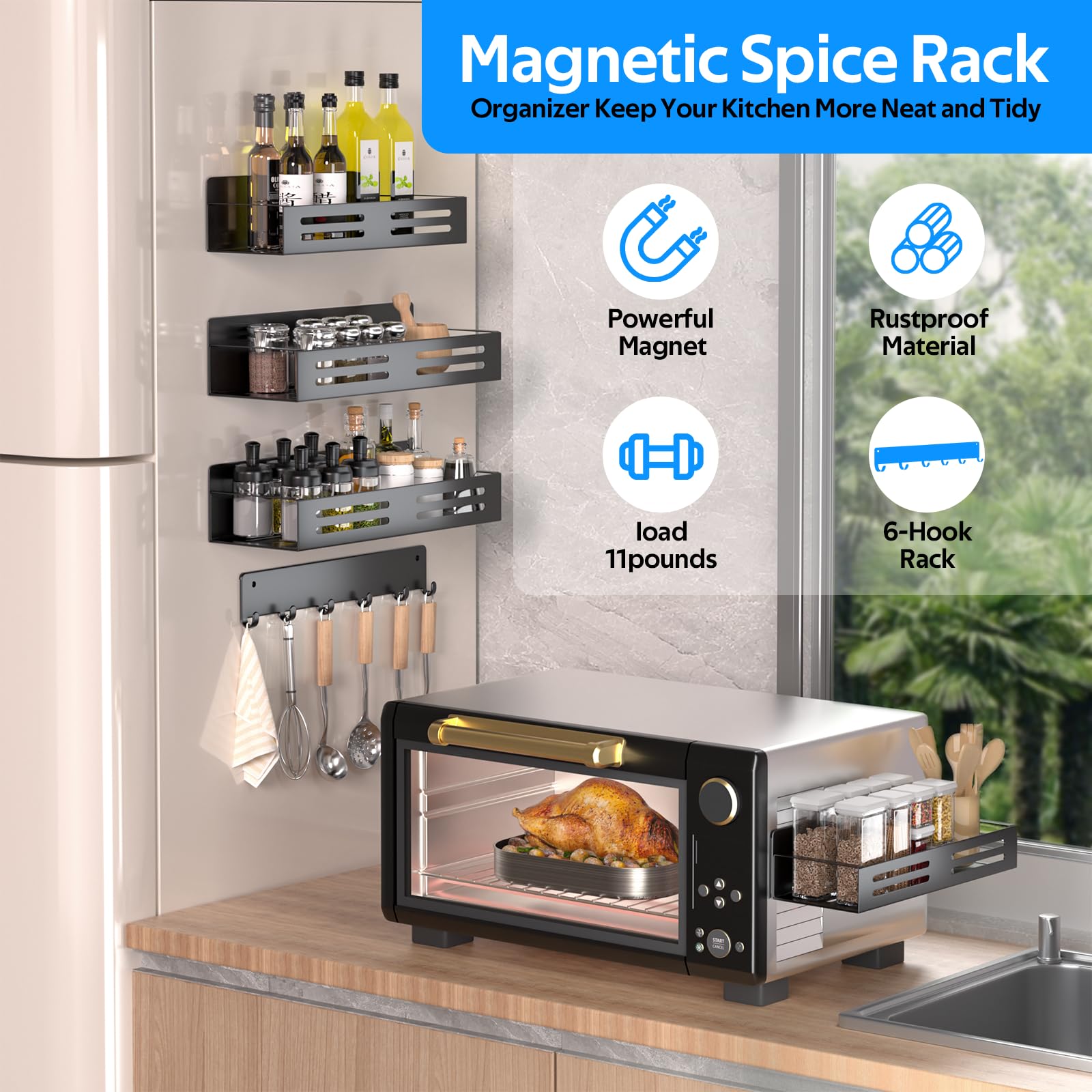 Yuchenfeng Magnetic Spice Racks for Refrigerator Fridge Magnetic Spice Shelves Refrigerator Side Organizers (3 Magnetic Spice Racks + 1 Magnetic Hook)…