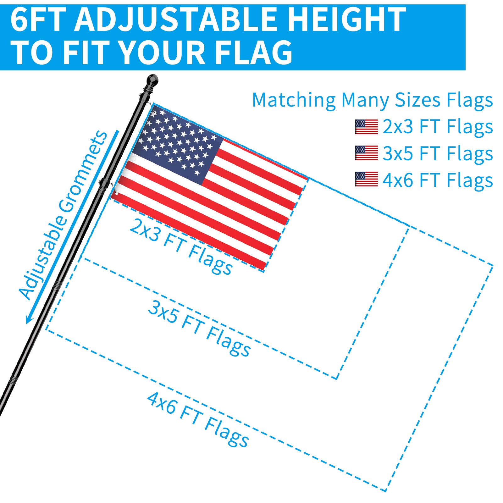ZMTECH Flag Pole - Upgraded Bracket, 6 FT Stainless Steel Flag Poles for Outside House, Residential or Commerical, Tangle Free Flag Pole Kit for American Flag (Without Flag, Black)
