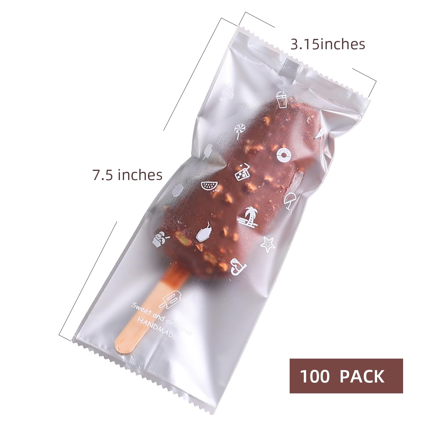 Popsicle Bags Ice Cream Bags 100 Pack -Clear Ice Pop Bags with Silver Bottom and Cool Words