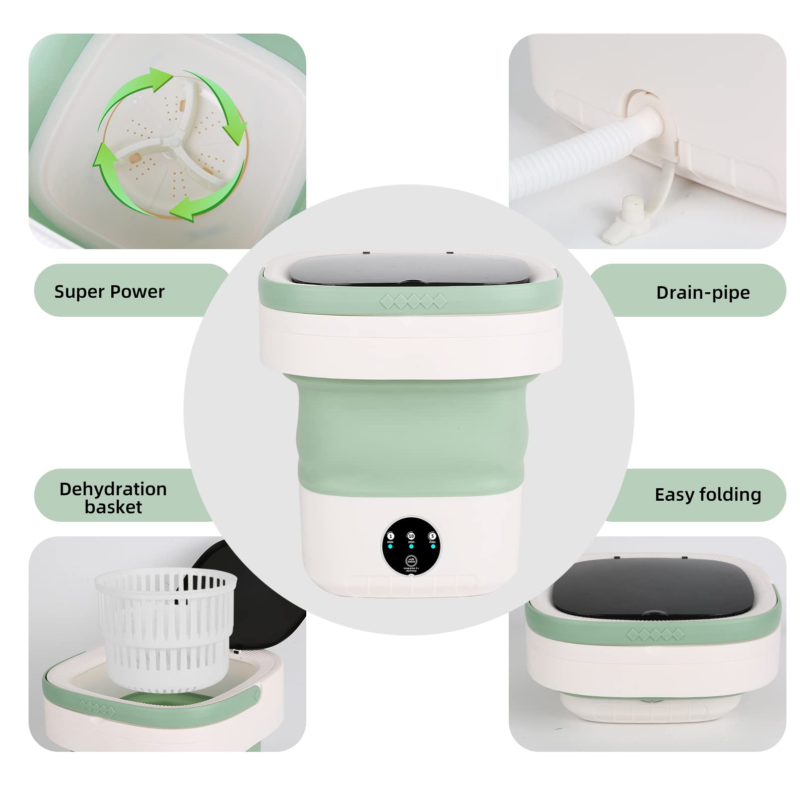 Portable Washing Machine, 7.5L 3-Speed Adjustment Mini Foldable Washer with Drain Basket USB Compact Outdoor Washing Machine for Underwear, Sock, Suitable for Travel, Camping,RVs(Fresh Green)