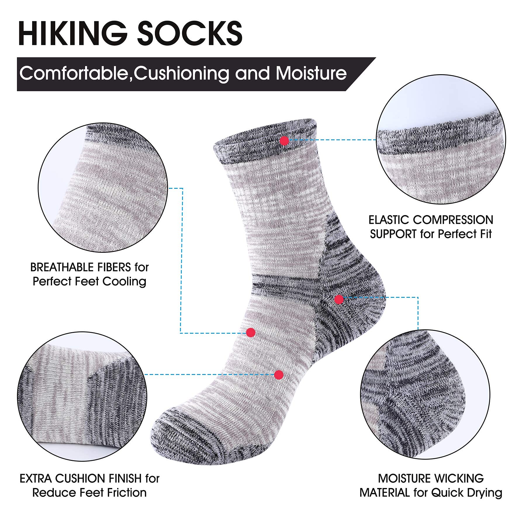 puqik walking socks,Multi Performance Cushion exercise Quarter Socks for Outdoor Camping hiking Trekking,5 Pairs