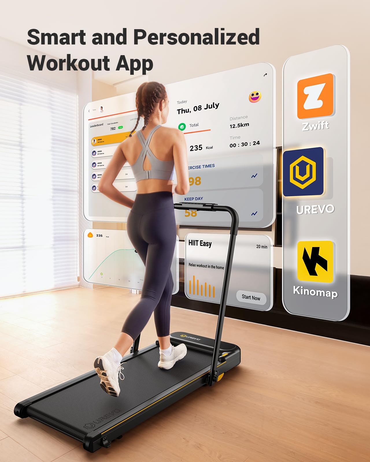 UREVO Walking Pad, Under Desk Treadmill for Home/Office, 2 in 1 Folding Treadmill with Remote Control, APP and LED Display