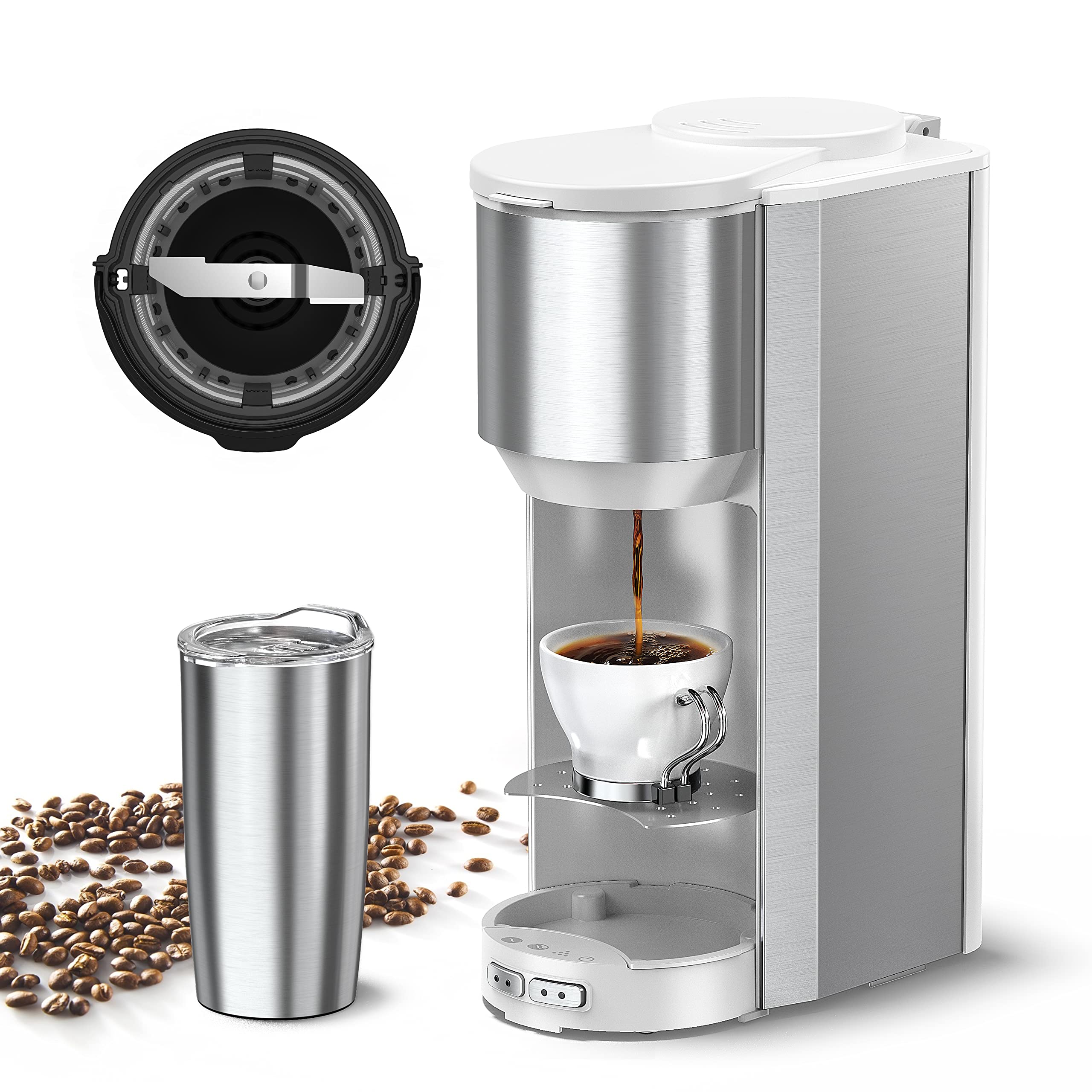 Single Serve Coffee Maker, Grind and Brew 2 in 1 Coffee Maker Single Serve, with 16oz Stainless Steel Travel Mug & Adjustable Tray, Dual Brewing Options Single Cup Coffee Brewer for Ground Coffee