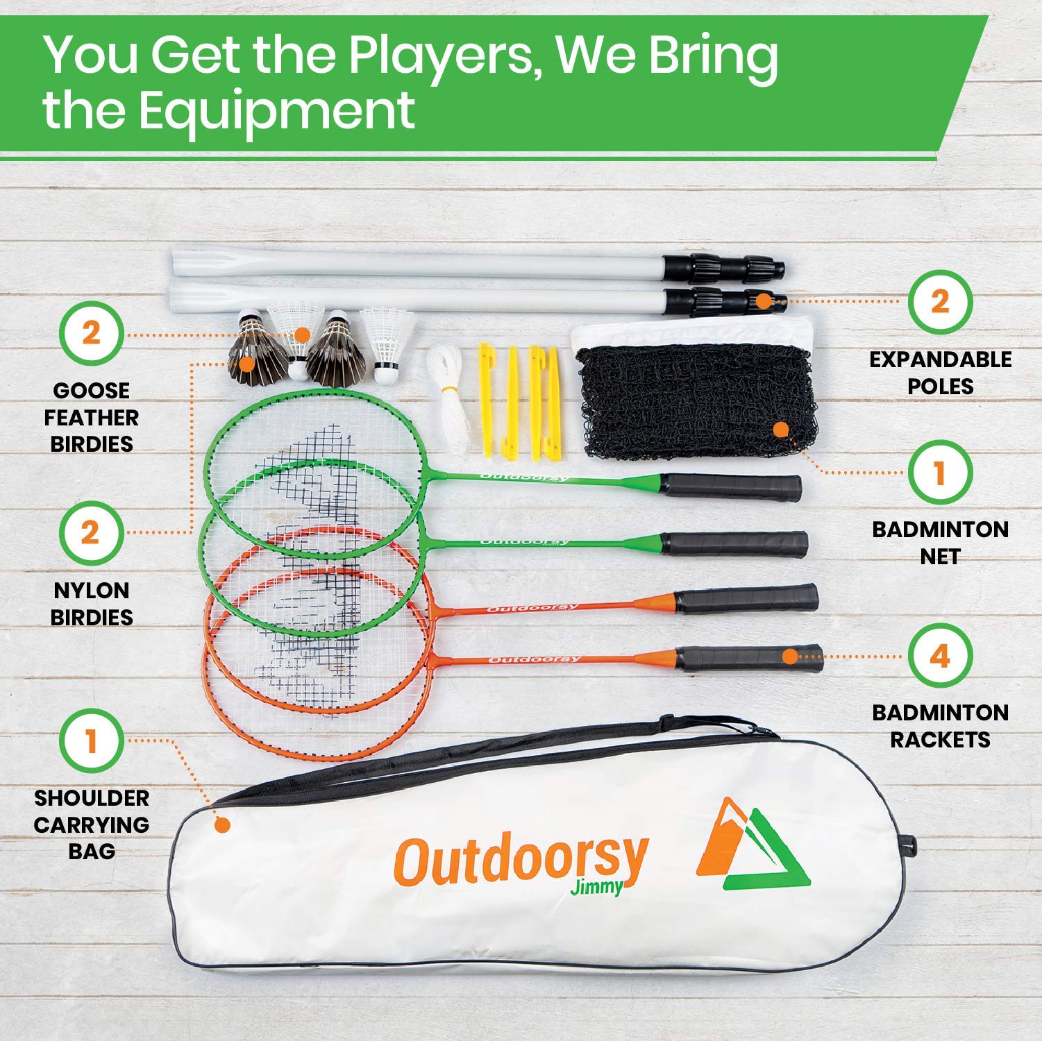 OutdoorsyJimmy Complete Badminton Set for Backyards - Badminton Set Includes Badminton Rackets Set of 4, Portable Badminton Net with Expandable Poles, 4 Birdies/Shuttlecocks & Storage Carrying Bag