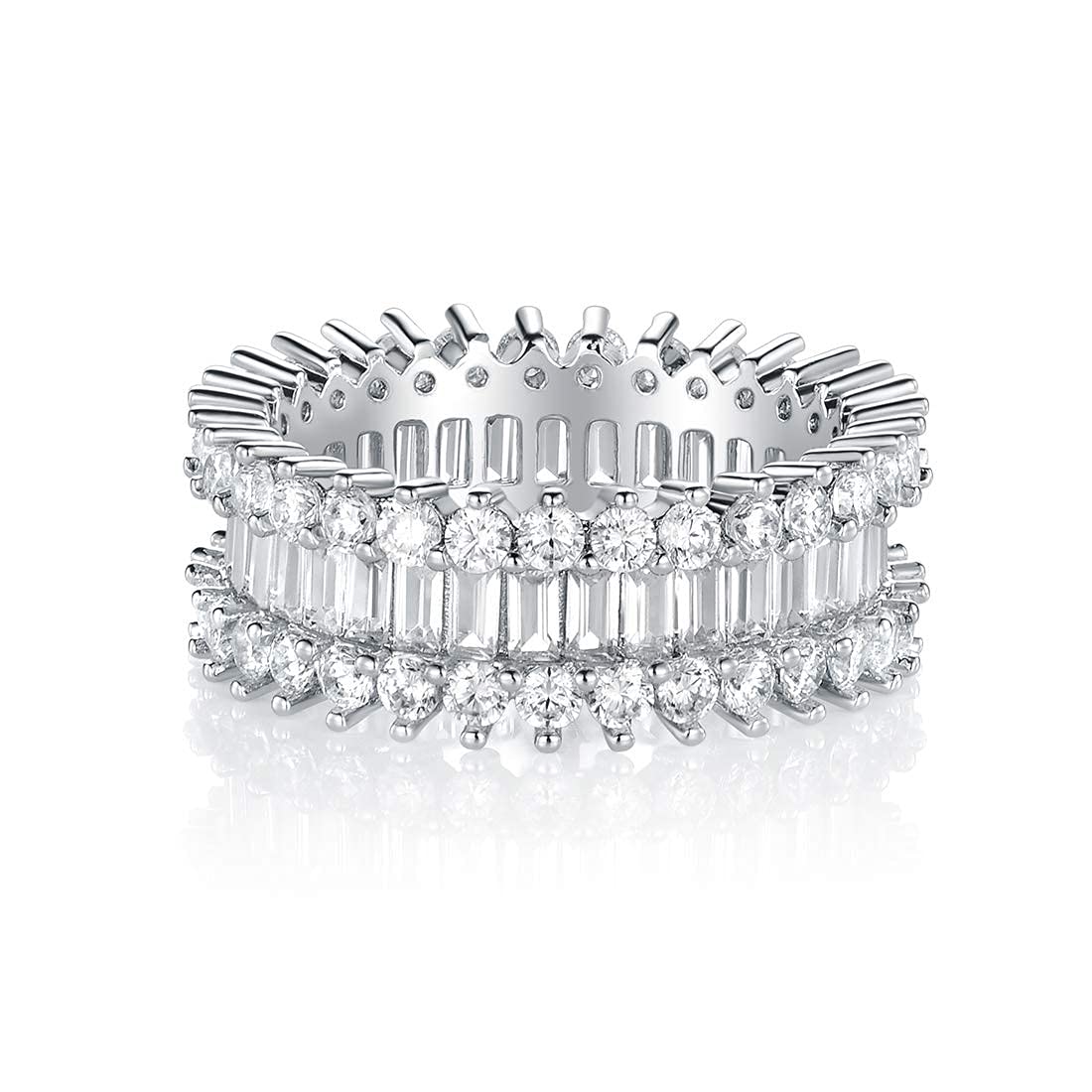 OPOMOMO Eternity Rings 18K White Gold Plated Emerald Cut Cubic Zirconia Ring Halo Wedding Band for Women Men (8)