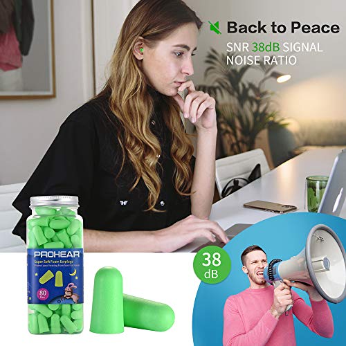 PROHEAR Foam Earplugs 80 Pairs, Ultra Soft Sleeping Ear Plugs Upgraded SNR 38dB Noise Reduction Hearing Protection, Easy Usuable Ear Plugs for Sound Blocking Sleeping, Snoring, School Library (Green)